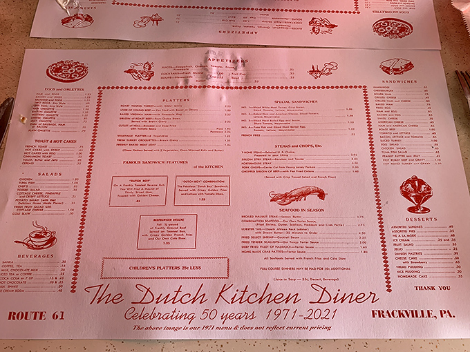 This menu isn't just a list of food—it's a historical document of American comfort cuisine that's been perfecting the same recipes for generations.