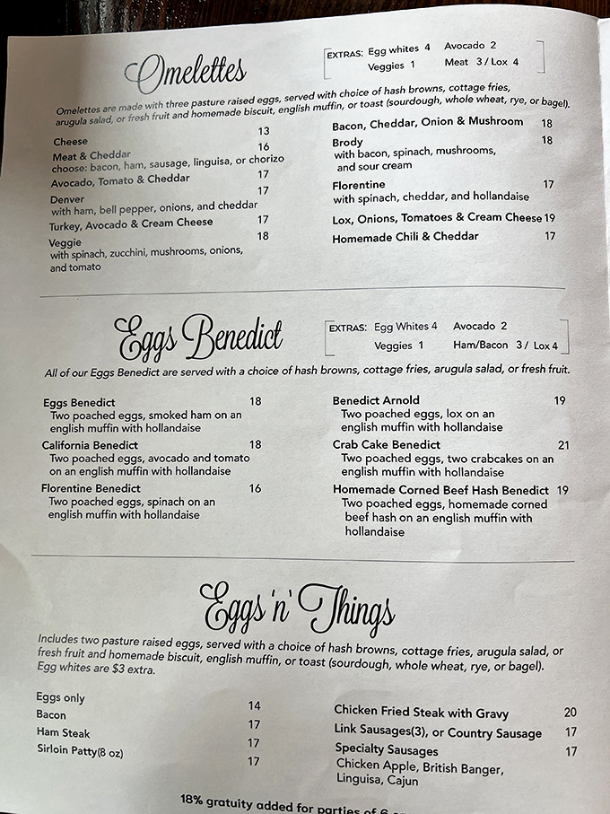 This menu isn't just a list of options—it's a roadmap to breakfast nirvana with benedicts and omelets leading the way.