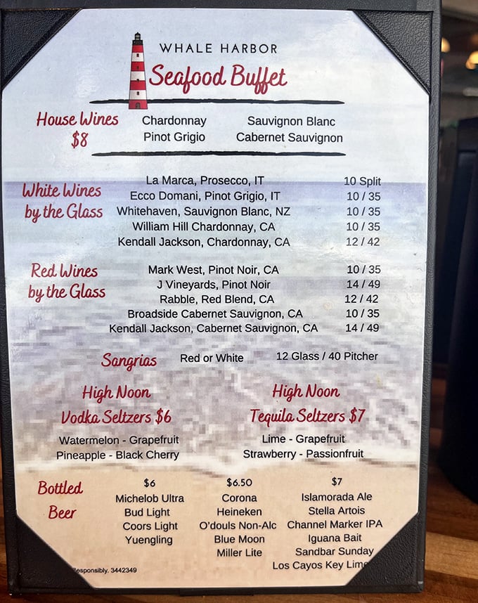 The drink menu reads like a vacation permission slip – sangria, seltzers, and local brews to wash down those mountains of crab legs.