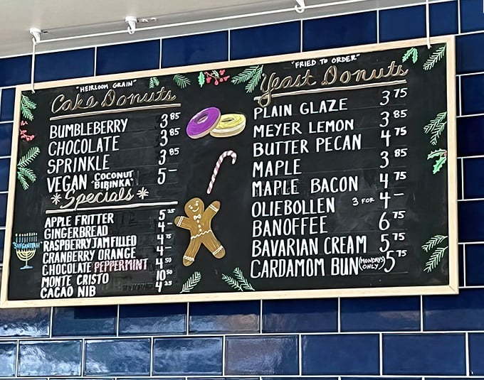 The chalkboard menu reads like a donut lover's bucket list. Maple bacon? Banoffee? Cardamom bun? Decision paralysis has never been so delicious.