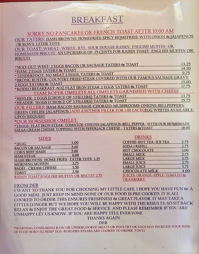 This menu isn't just a list of food—it's a roadmap to happiness with western-themed classics like the "Bronc Buster" and "Way Out West" breakfast.