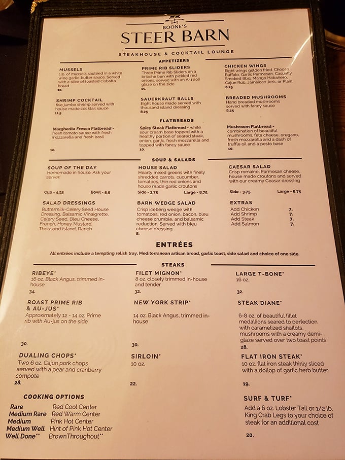 The menu reads like a love letter to carnivores. Notice how they define doneness from "Red Cool Center" to "Brown Throughout"—these folks speak fluent steak.