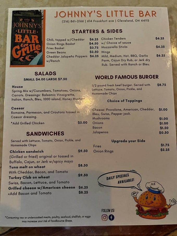 A menu that doesn't need fancy fonts or flowery descriptions—just honest food that delivers on every promise. The "World Famous" burger isn't hyperbole.