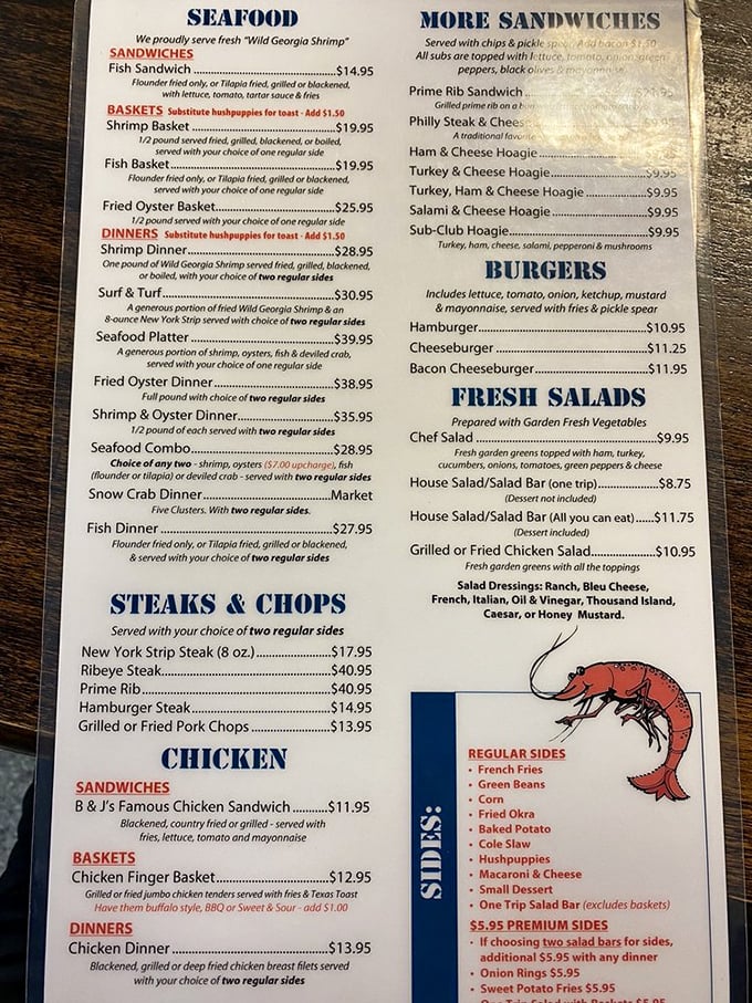 This menu isn't just a list of options—it's a treasure map to Georgia's coastal bounty. Wild Georgia shrimp takes center stage.