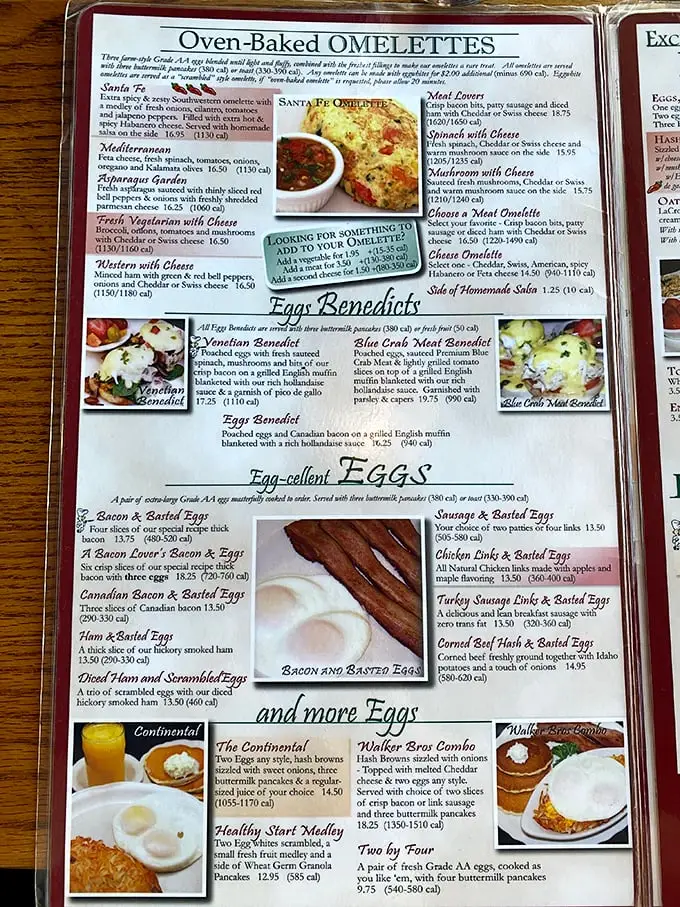 This menu isn't just a list of options—it's a roadmap to breakfast nirvana with omelets that defy gravity.