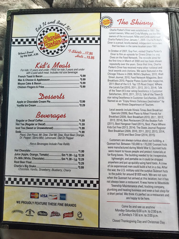The menu tells the story: this isn't just a diner, it's a Springfield institution where "Eat It and Beat It" isn't a suggestion—it's a challenge.