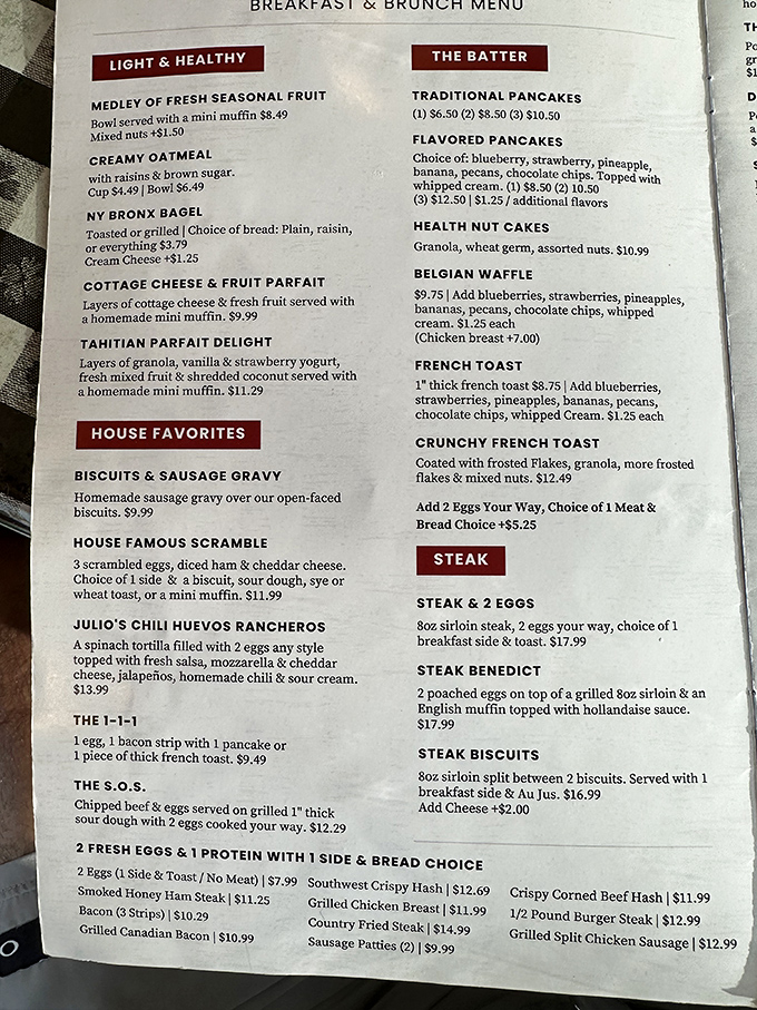 The menu reads like a love letter to American breakfast classics, with Julio's Chili Huevos Rancheros stealing the spotlight.