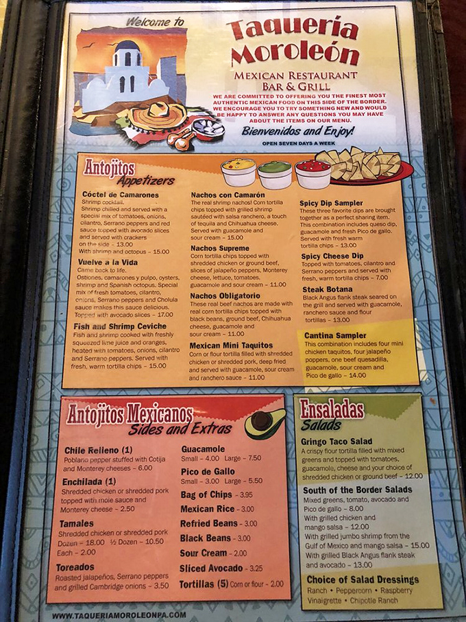 This menu isn't just a list of dishes—it's a roadmap to culinary bliss. The antojitos section alone could keep you coming back weekly.