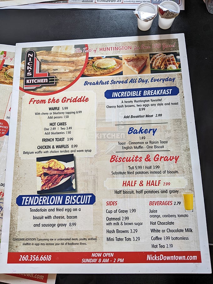 The menu tells the story—breakfast all day, tenderloin in various forms, and the kind of honest food that makes nutritionists look the other way.