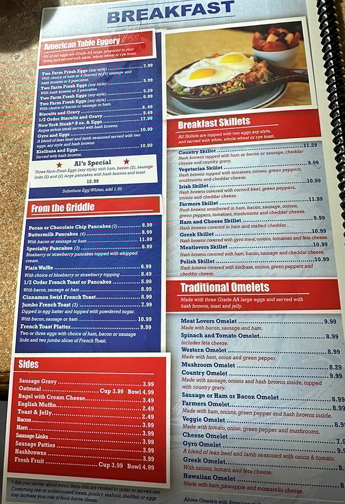 This menu isn't just a list of options—it's a roadmap to happiness with skillets and omelets leading the way to breakfast nirvana.