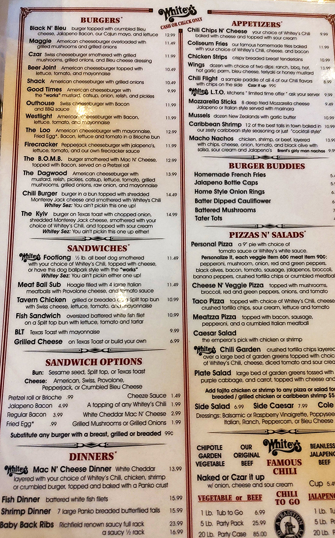 A menu that reads like a love letter to comfort food—each item promising the kind of satisfaction that makes you close your eyes when you take that first bite.