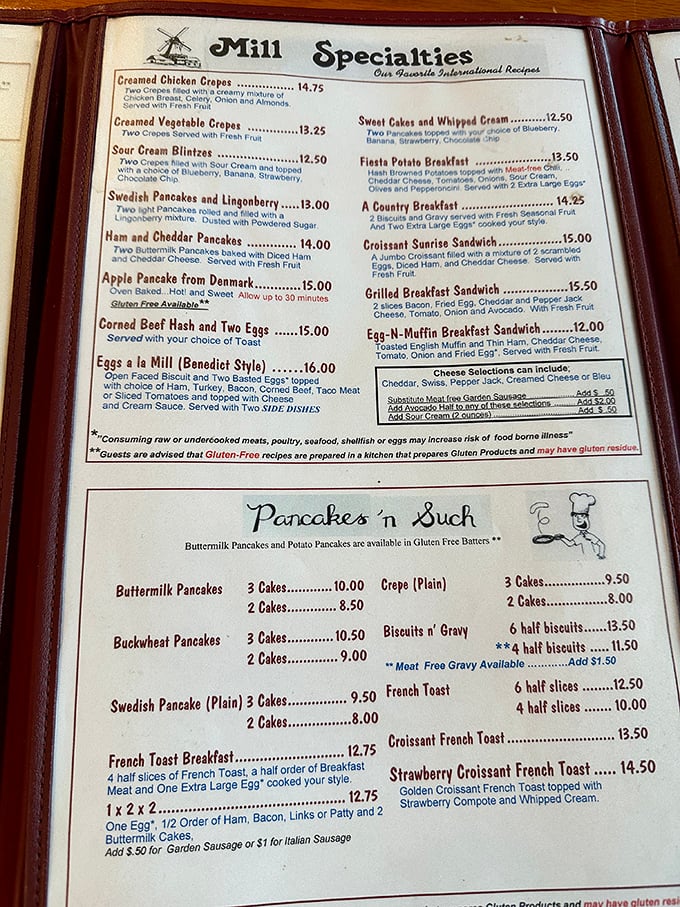 This menu isn't just a list of options—it's a roadmap to happiness. The "Mill Specialties" section alone could solve most of life's problems.