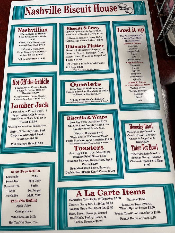 This menu is better than a love letter - promising Southern breakfast classics at prices that'll make your wallet sigh with relief.