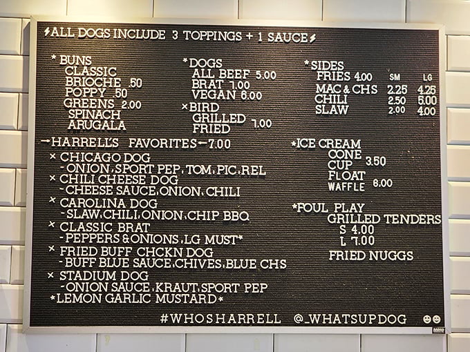 Menu poetry in chalk – from Chicago Dogs to Carolina creations, each option promises a different journey through hot dog paradise.