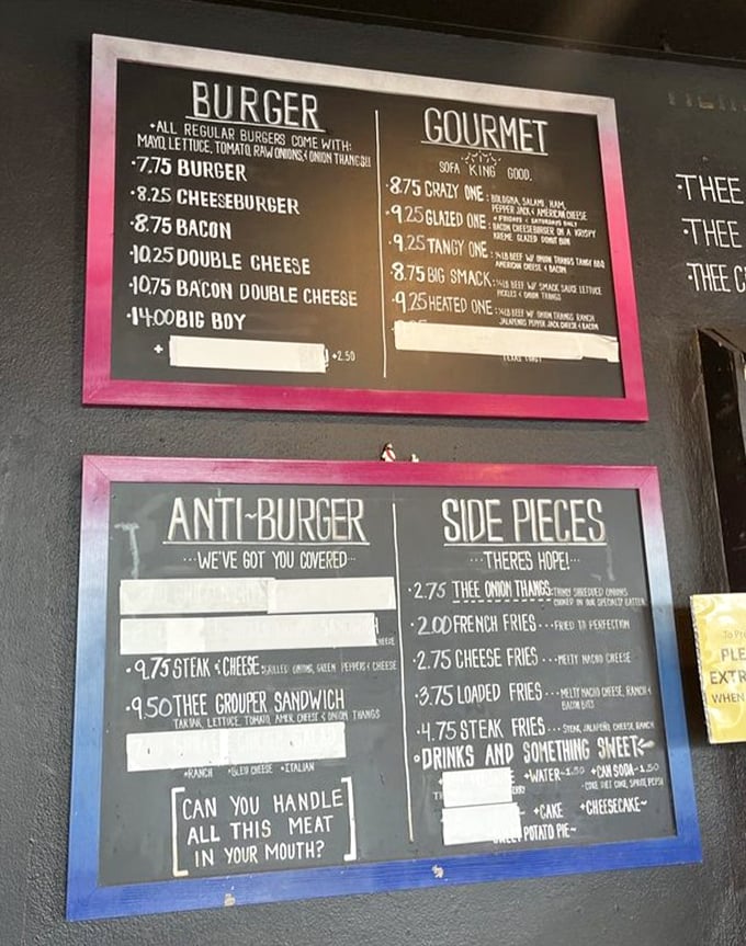 The chalkboard menu is refreshingly straightforward—no deconstructed nonsense or foam emulsions here, just honest burgers with names that tell you exactly what you're in for.