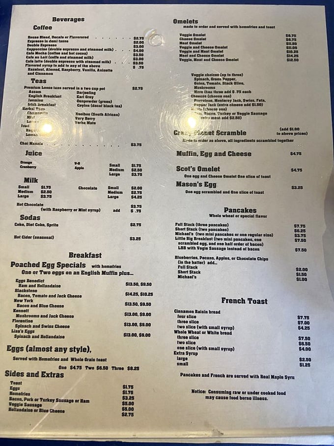 A menu that doesn't need fancy fonts or clever names—just honest breakfast classics executed with the kind of care that makes you want to high-five the cook.