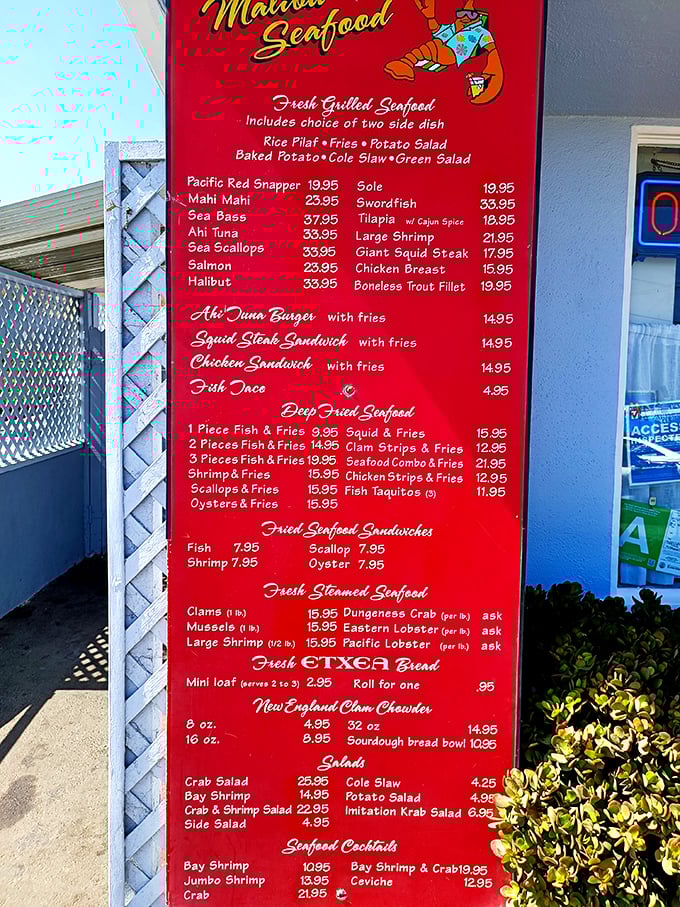 The menu board at Malibu Seafood reads like poetry to seafood lovers. Decisions, decisions—all of them delicious!