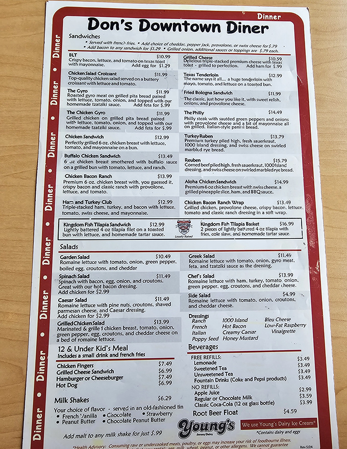 This menu isn't just a list – it's a roadmap to happiness. Note the milkshakes at the bottom, your passport to dairy nirvana.