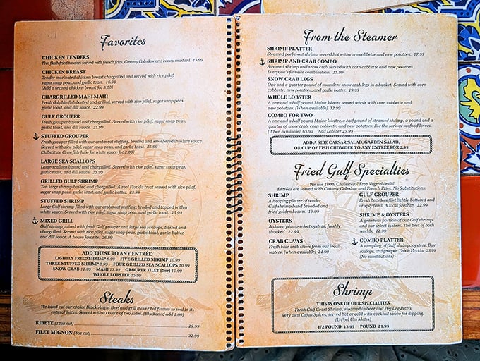 A menu that reads like a love letter to the Gulf—where indecision isn't a flaw but the only reasonable response.