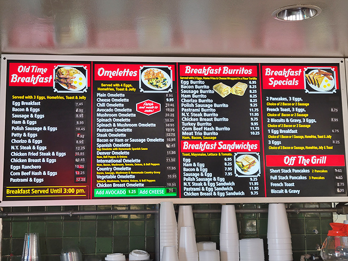 This breakfast menu board isn't just information—it's a roadmap to happiness with omelets, burritos, and pancakes competing for your morning allegiance.