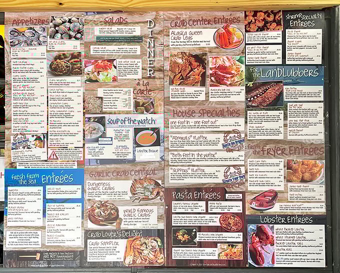 This menu isn't just reading material—it's a treasure map to seafood nirvana. X marks the spot at "World Famous Garlic Crabs."