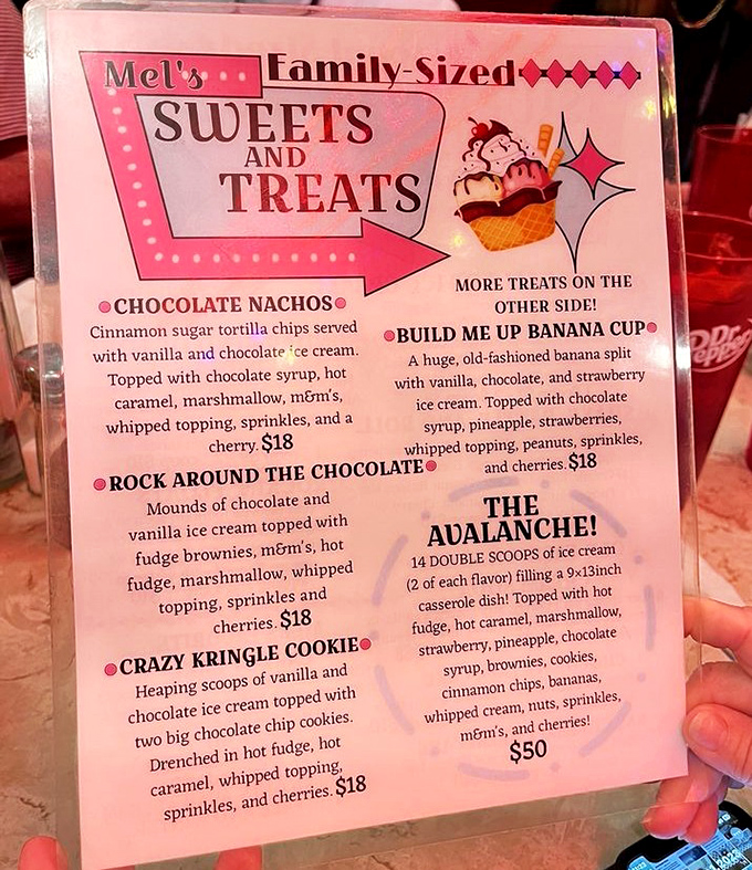 Decisions, decisions! The dessert menu at Mel's reads like a sugar-lover's fantasy novel with a very happy ending.