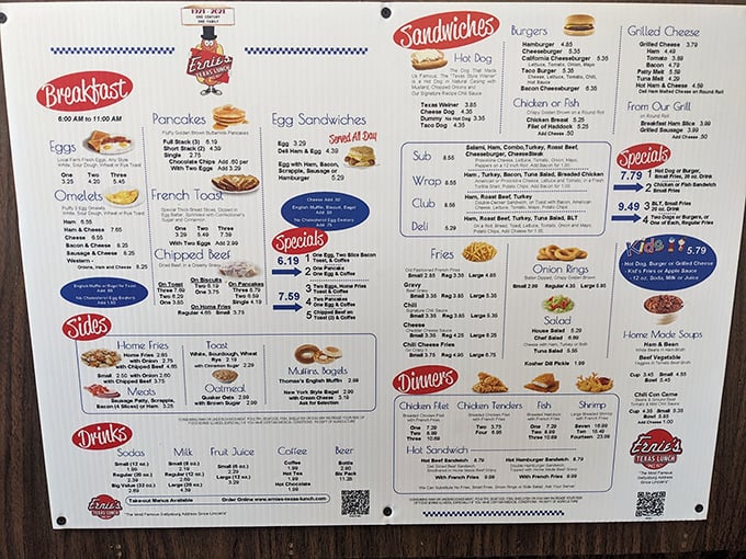 This menu isn't offering food; it's promising happiness. Breakfast all day is civilization's greatest achievement since indoor plumbing.