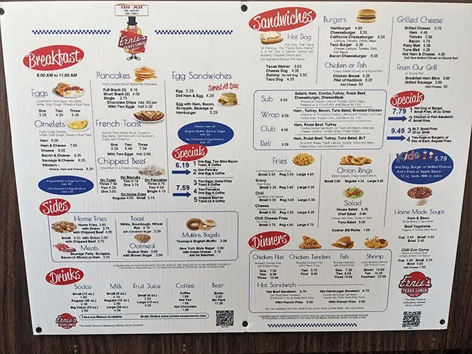 This menu isn't offering food; it's promising happiness. Breakfast all day is civilization's greatest achievement since indoor plumbing.