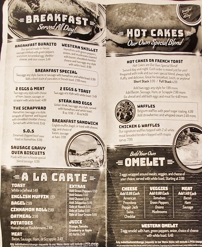 "Breakfast Served All Day" – four words that separate civilization from chaos. The menu promises both nostalgia and nourishment.