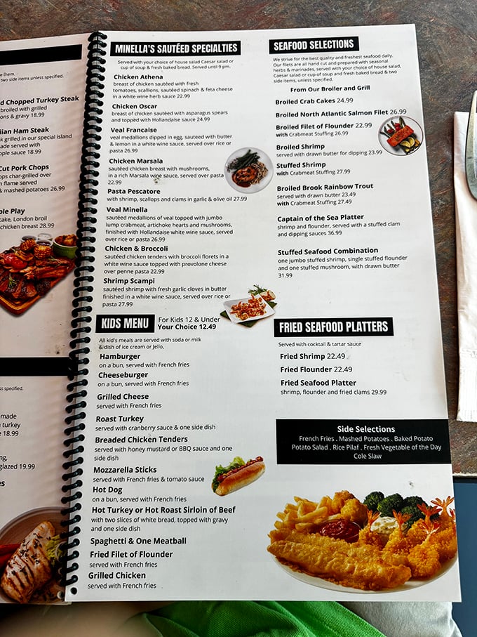 The menu at Minella's doesn't just list food—it offers a roadmap to happiness with seafood selections that would make Neptune himself jealous.