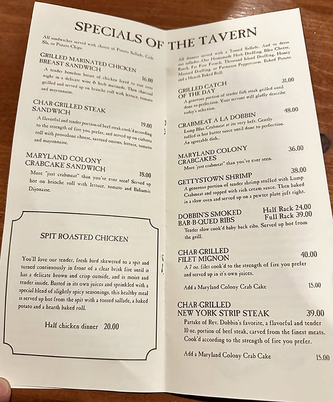 This isn't just a menu – it's a time machine disguised as dinner options. The "Spit Roasted Chicken" alone would make Benjamin Franklin drop his kite.
