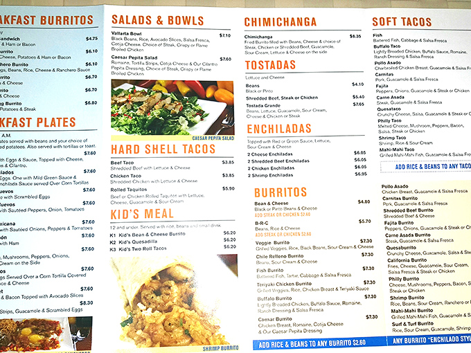 The menu reads like a love letter to Mexican cuisine classics. Each section promises a different path to satisfaction, with breakfast burritos leading the charge.