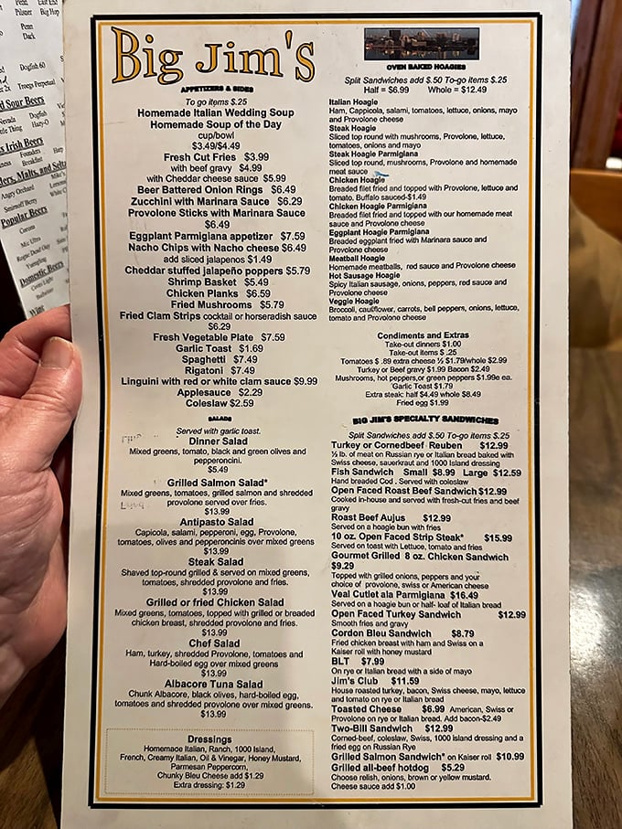 This menu isn't trying to impress with fancy fonts or flowery descriptions – it's a straightforward promise of Italian-American comfort that's kept Pittsburghers coming back for generations.