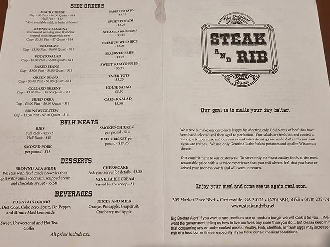A menu that reads like poetry to carnivores. Notice "Our goal is to make your day better"—spoiler alert: mission accomplished.