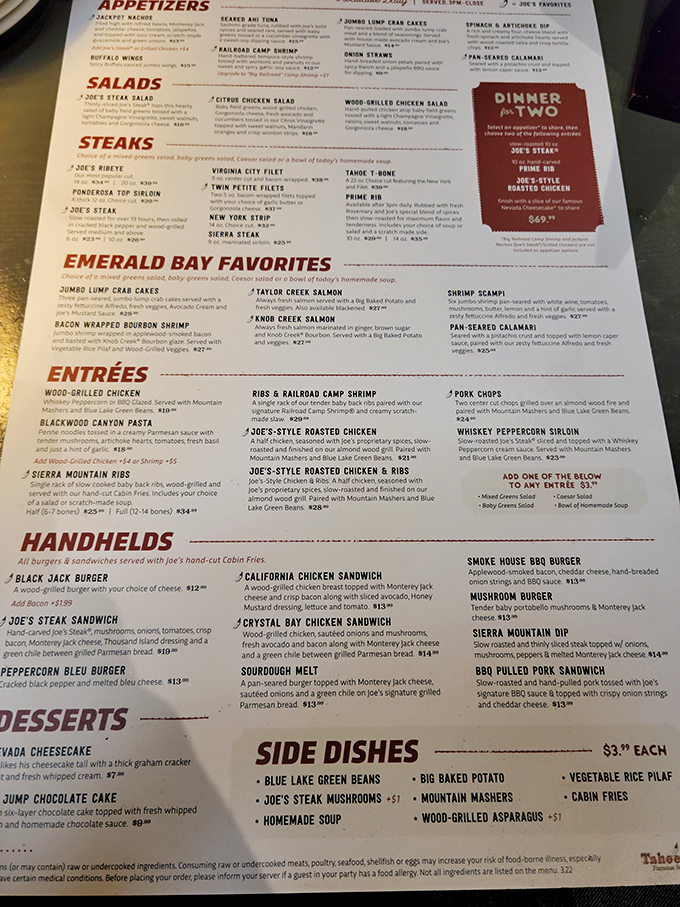 This menu isn't just a list—it's a treasure map where X marks the spot for legendary steaks and seafood. The "Emerald Bay Favorites" section alone could make a vegetarian reconsider their life choices.