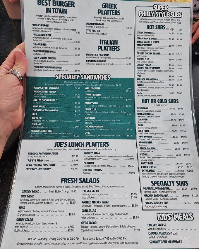 A menu that doesn't need fancy fonts to impress—just honest offerings from "Best Burger in Town" to Mediterranean platters that promise satisfaction without pretension.