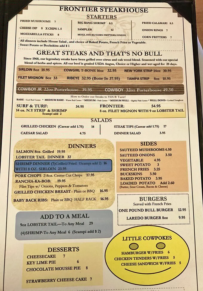 A menu that gets straight to the point—no flowery descriptions needed when your steaks speak this loudly for themselves.