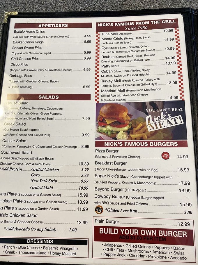 This menu isn't just a list of food—it's a roadmap to happiness. The "You Can't Beat Nick's MEAT!" slogan is both promise and challenge.
