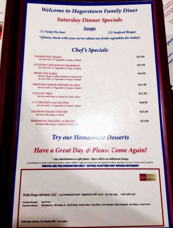Saturday dinner specials showcase the diner's range beyond breakfast, from hearty Yankee Pot Roast to seafood delights that satisfy any craving.