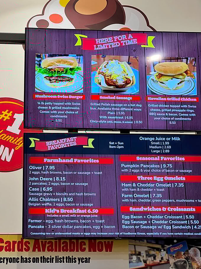 Farm-themed breakfast names like "Oliver" and "John Deere" prove that tractors and pancakes are a match made in heartland heaven.