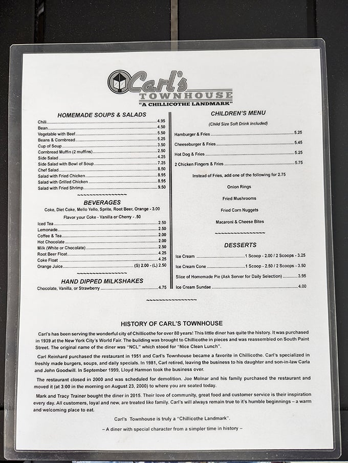 A menu that tells stories between its lines, revealing Carl's history and the comfort foods that have sustained generations of Ohioans.