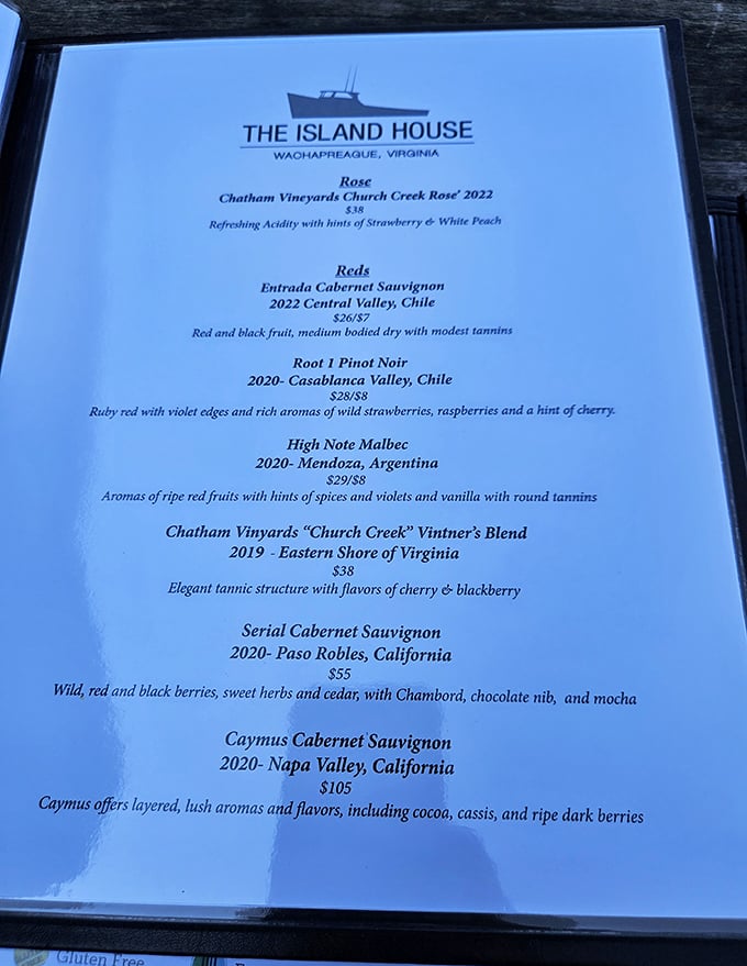 The wine list reads like a love letter to seafood pairings, with Virginia's own Chatham Vineyards making a proud appearance.