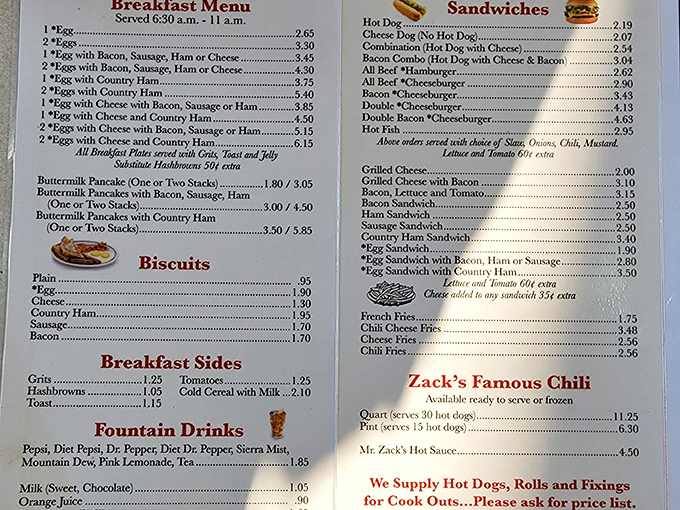 Behold the menu that proves great food doesn't require a mortgage – breakfast, hot dogs, and happiness under ten dollars.