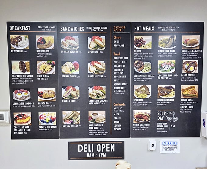The menu board reads like a love letter to German cuisine—each item a potential relationship you'll want to commit to.