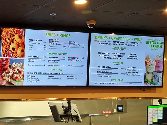 The digital menu board at BurgerFi is a roadmap to happiness. Fries, rings, craft beer, and frozen custard – decisions have never been so deliciously difficult. 