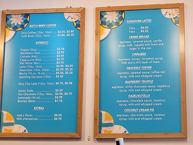 A menu board that reads like poetry to coffee lovers. These signature lattes aren't just drinks—they're liquid desserts masquerading as morning fuel.