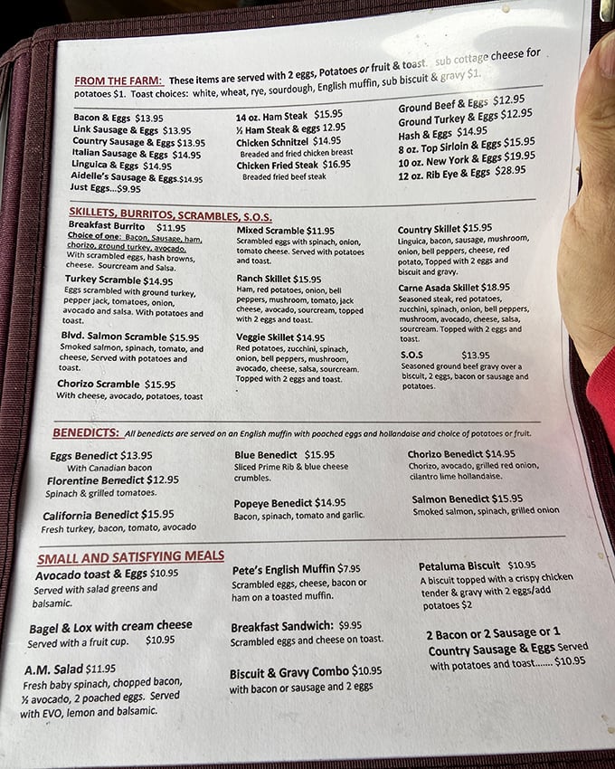 This menu isn't just a list of food – it's a roadmap to happiness with detours through Benedictville and Pancake Paradise.