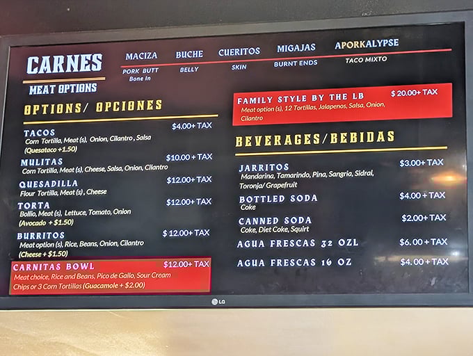 The menu board reads like a love letter to pork. "Aporkalypse" isn't just clever wordplay—it's a life-changing taco experience.