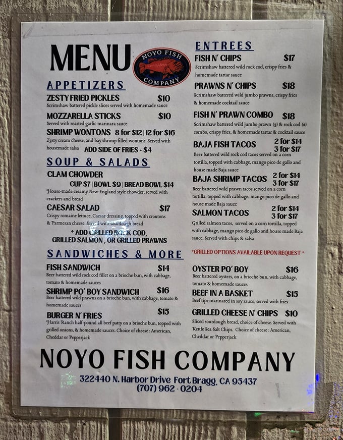 A menu that reads like seafood poetry—simple, direct, and promising the kind of maritime delights that make you want to high-five a fisherman.