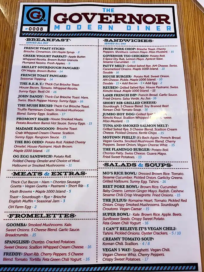 Menu decisions at The Governor are delightfully difficult. Each option reads like a love letter to creative comfort food with clever Ohio twists.